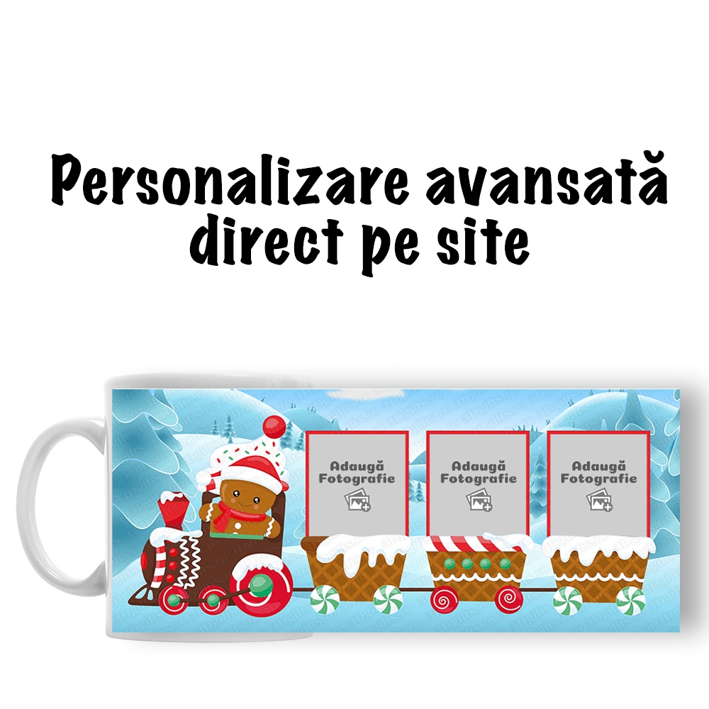 Cană Personalizată - Model "Trenuleț de Crăciun" Cu Trei Poze | 3Dgifts.ro